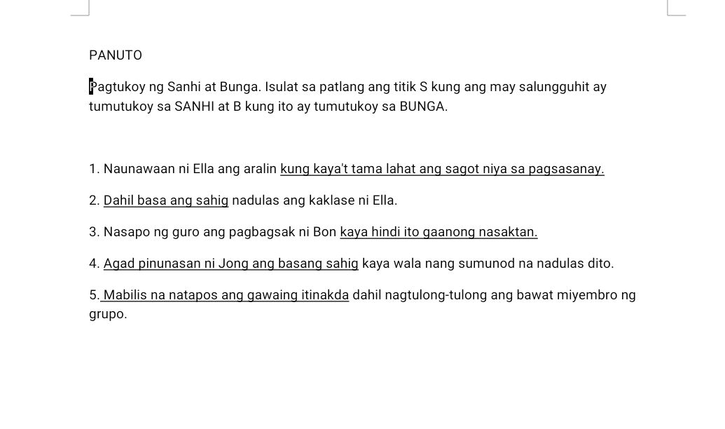 PANUTO Pagtukoy ng Sanhi at Bunga. Isulat sa | StudyX