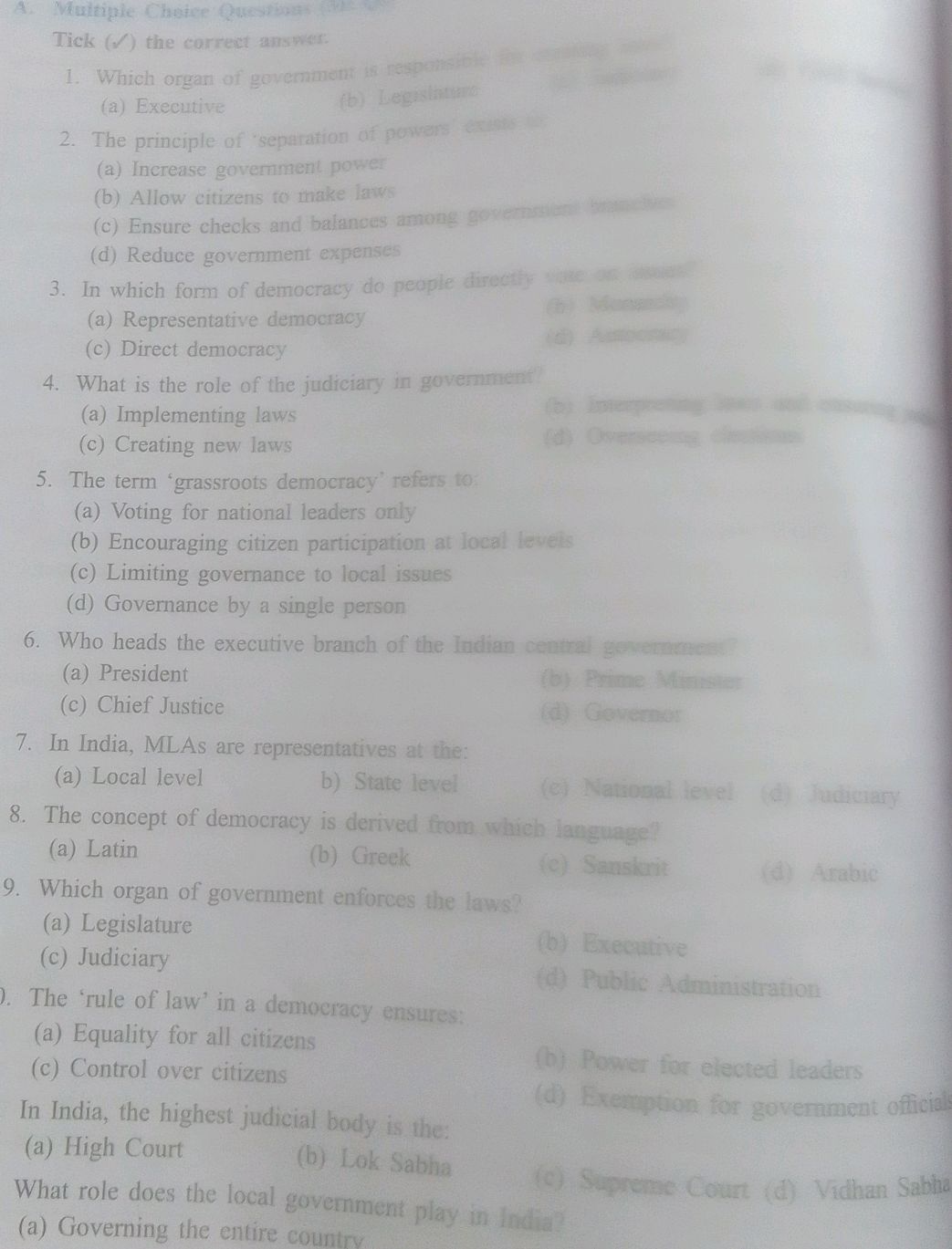 A. Multiple Choice Questions Tick ( ) the | StudyX