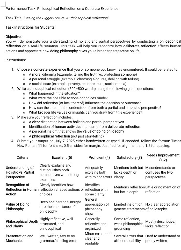 Performance Task: Philosophical Reflection | StudyX