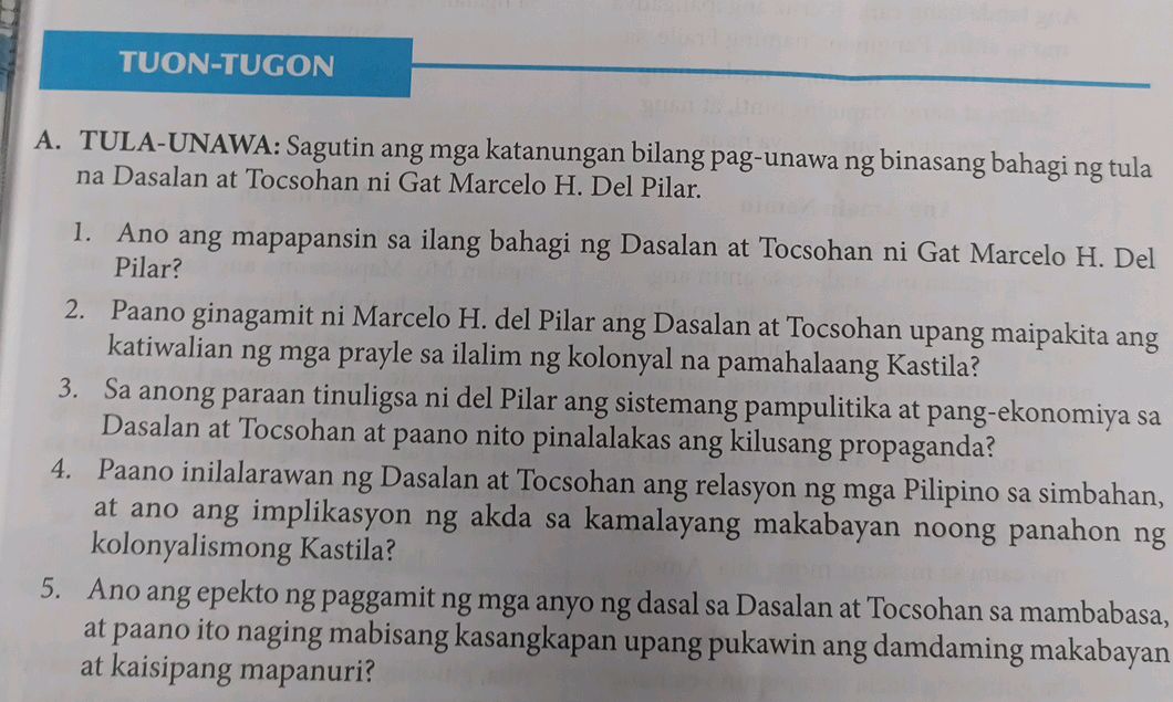 A. TULA-UNAWA: Sagutin ang mga katanungan | StudyX