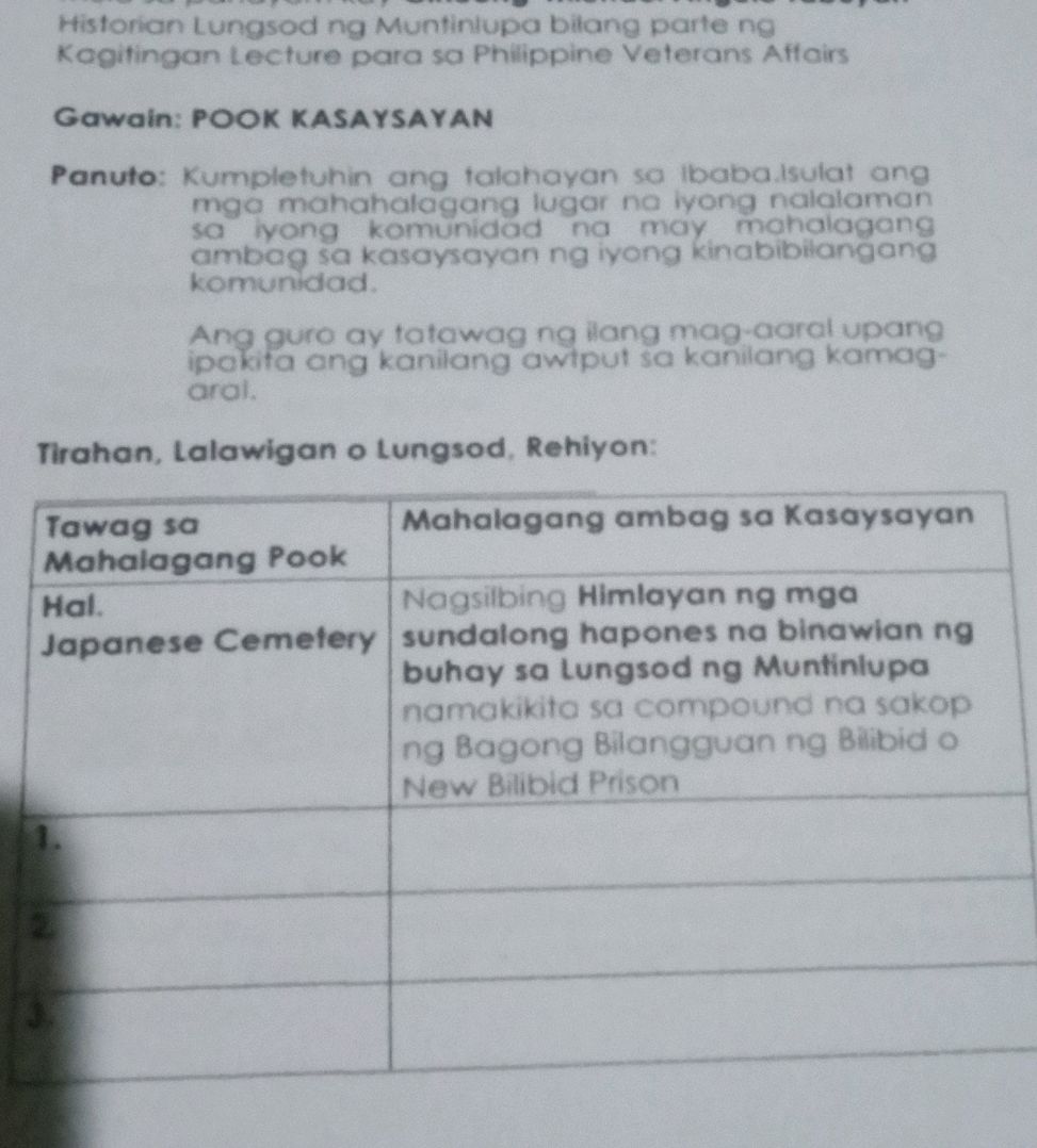 Gawain: POOK KASAYSAYAN Panuto: Kumpletuhin | StudyX