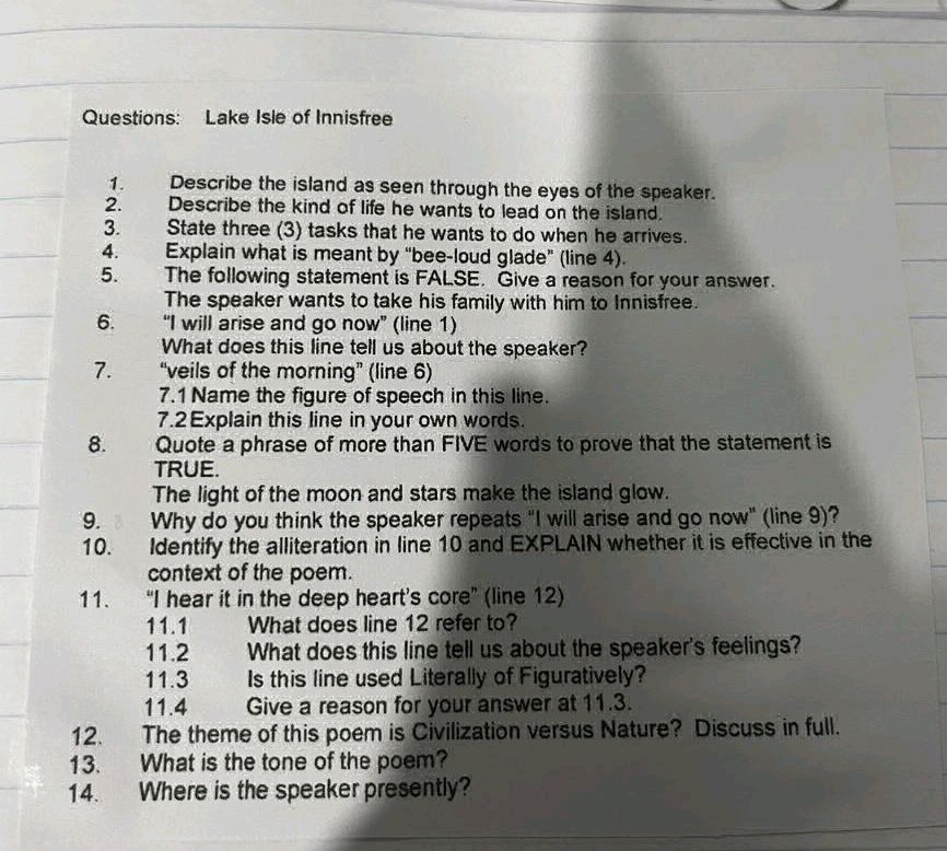 Questions: Lake Isle of Innisfree 1. | StudyX