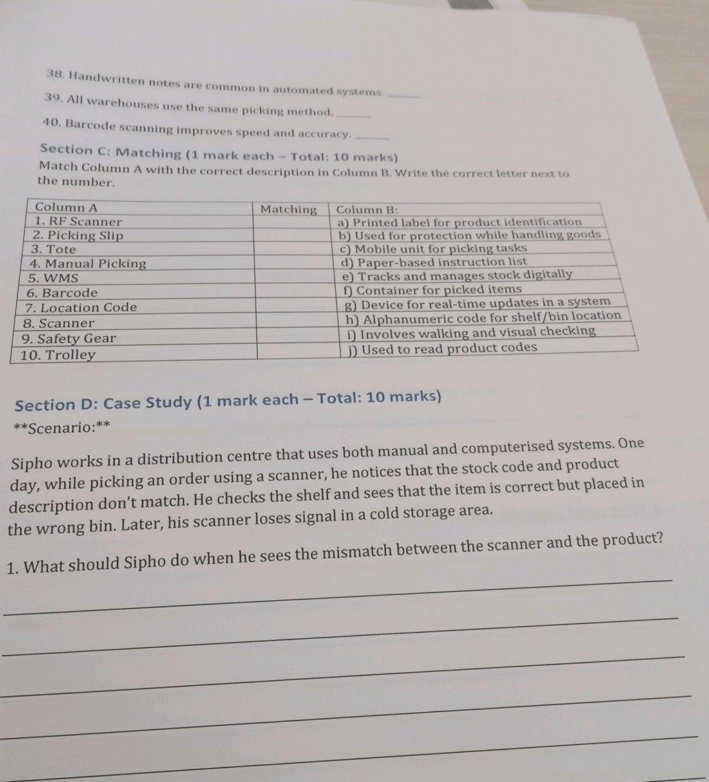 Section C: Matching (1 mark each - Total: 10 | StudyX