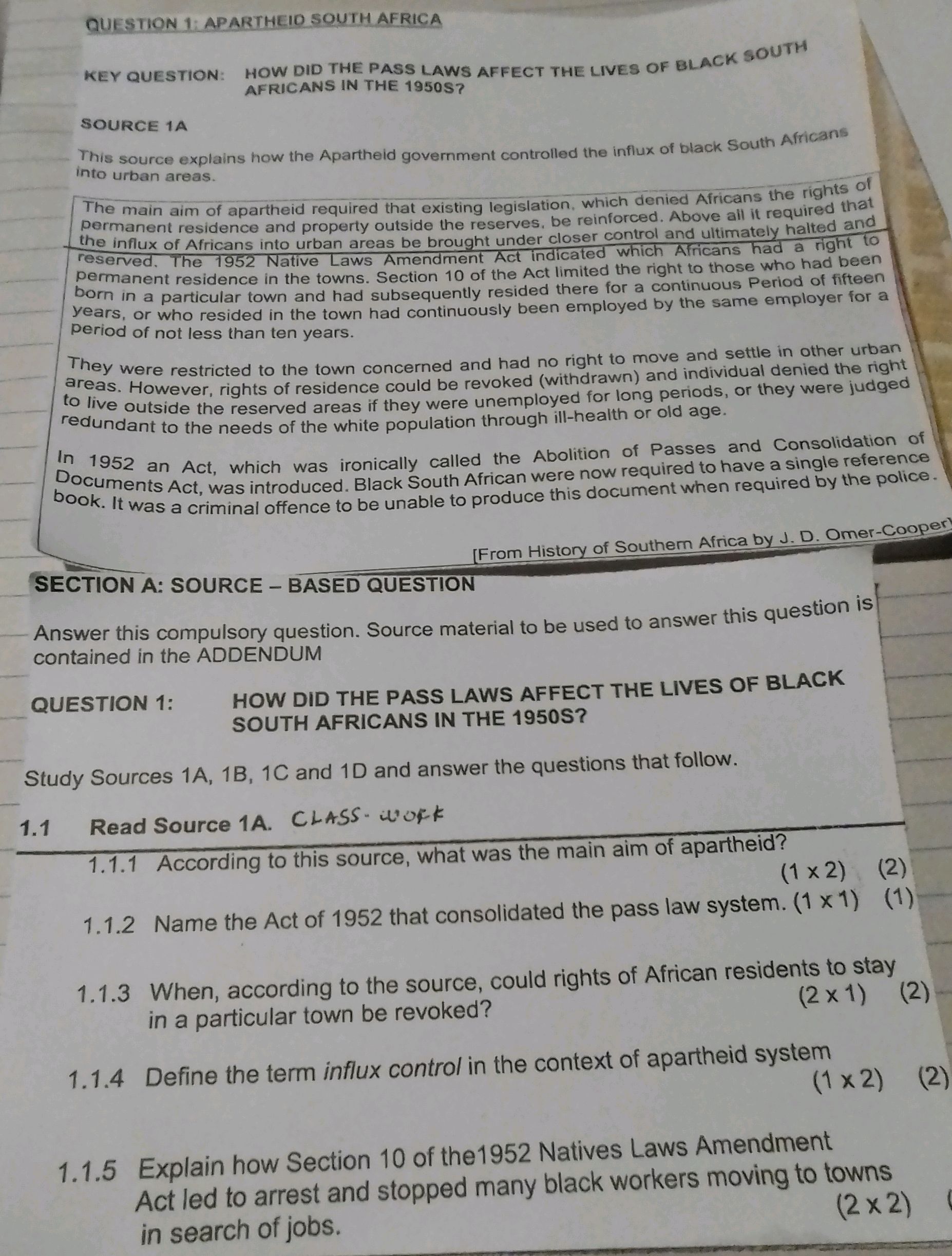QUESTION 1: APARTHEID SOUTH AFRICA KEY | StudyX