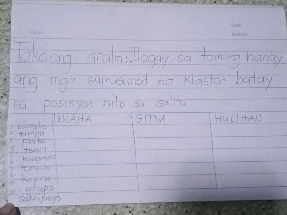 Takdang-aralin: Ilagay sa tamang hanay ang | StudyX