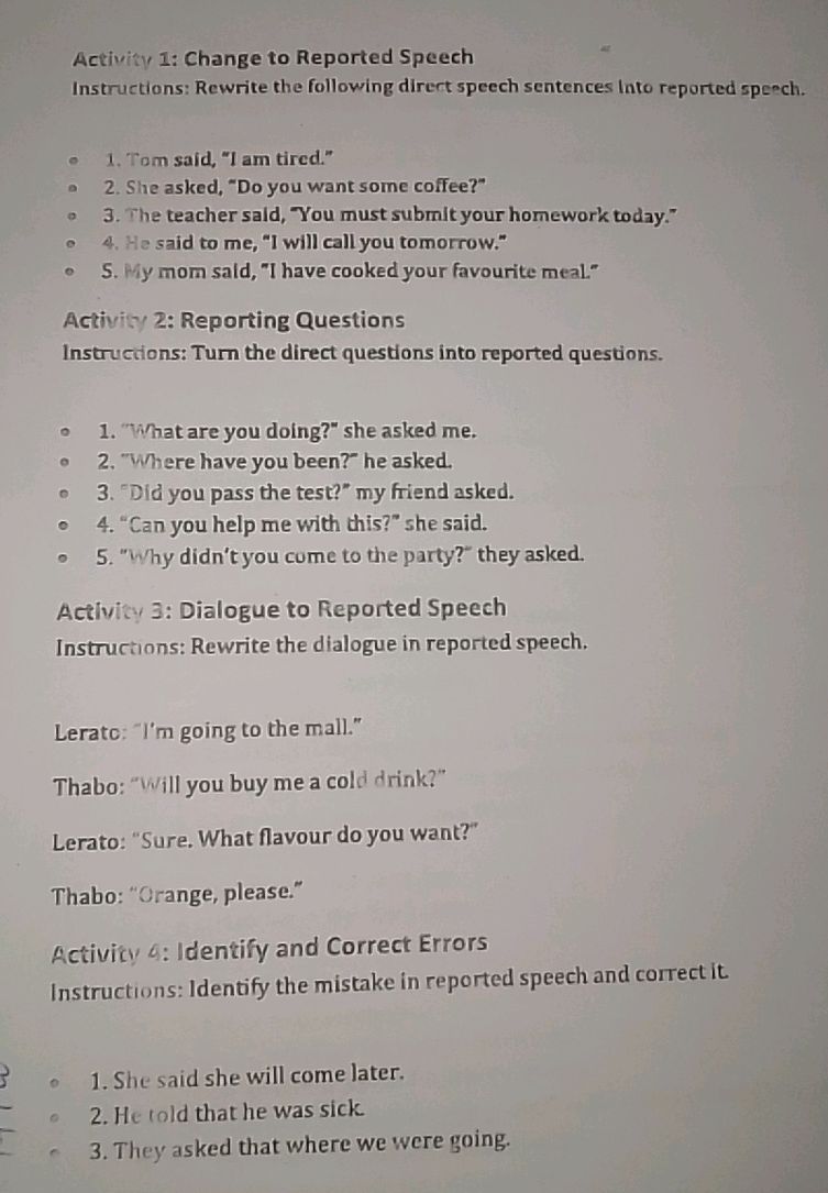 Activity 1: Change to Reported Speech | StudyX