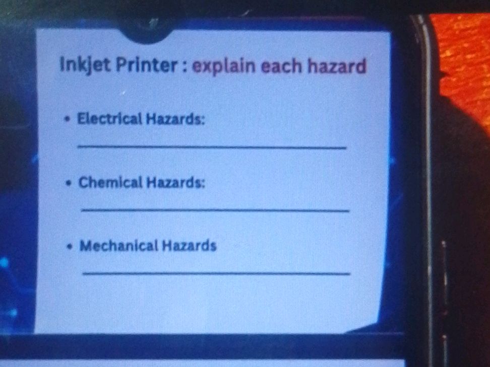 Inkjet Printer: explain each hazard