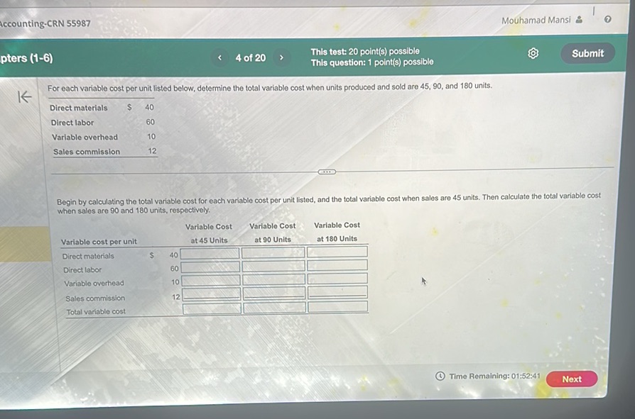 For each variable cost per unit listed | StudyX