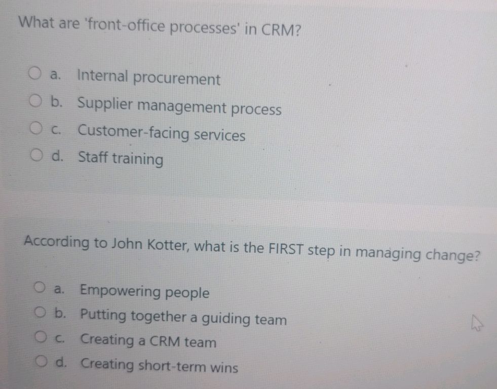 What are 'front-office processes' in CRM? | StudyX