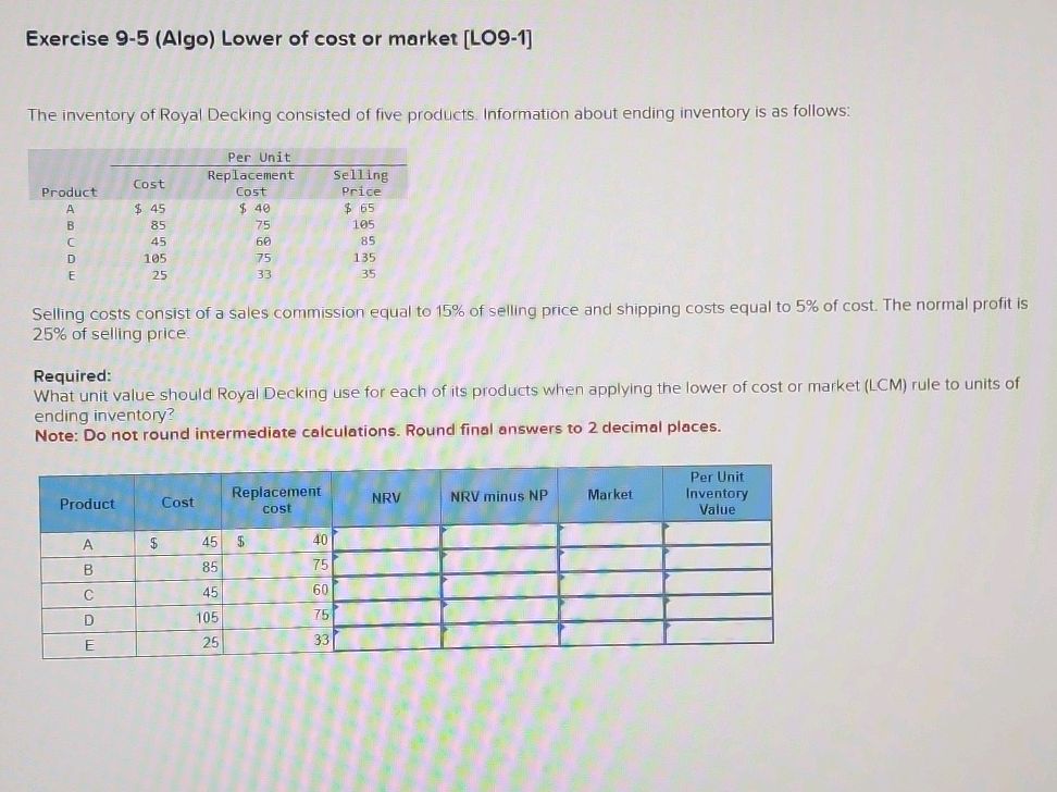 Exercise 9-5 (Algo) Lower of cost or market | StudyX