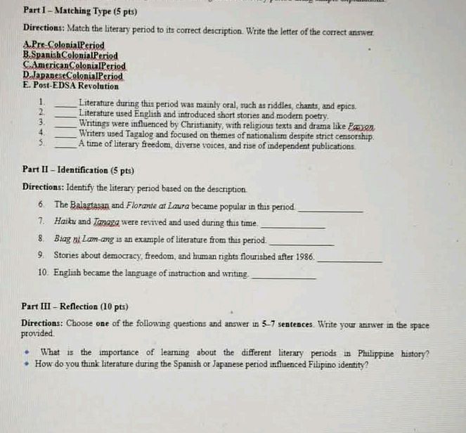 Part I - Matching Type (5 pts) Directions: | StudyX
