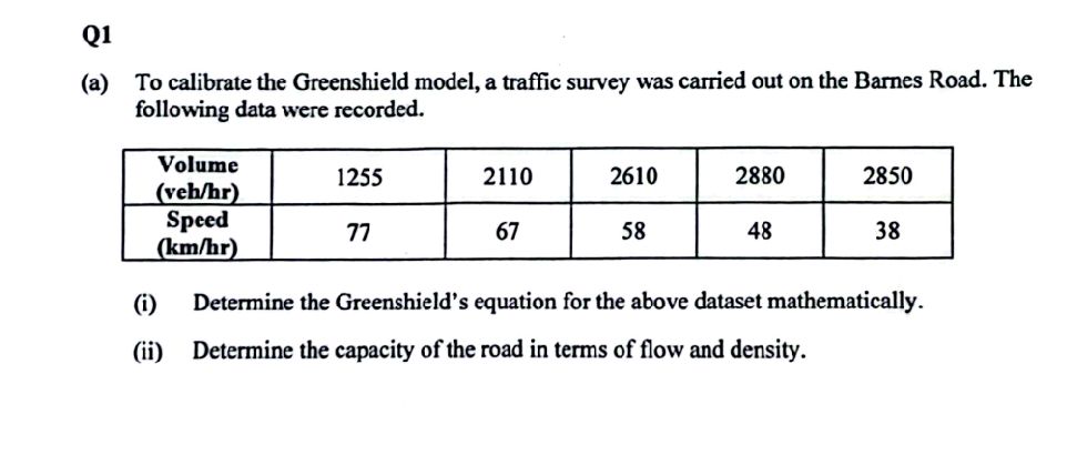 Q1 (a) To calibrate the Greenshield model, a | StudyX