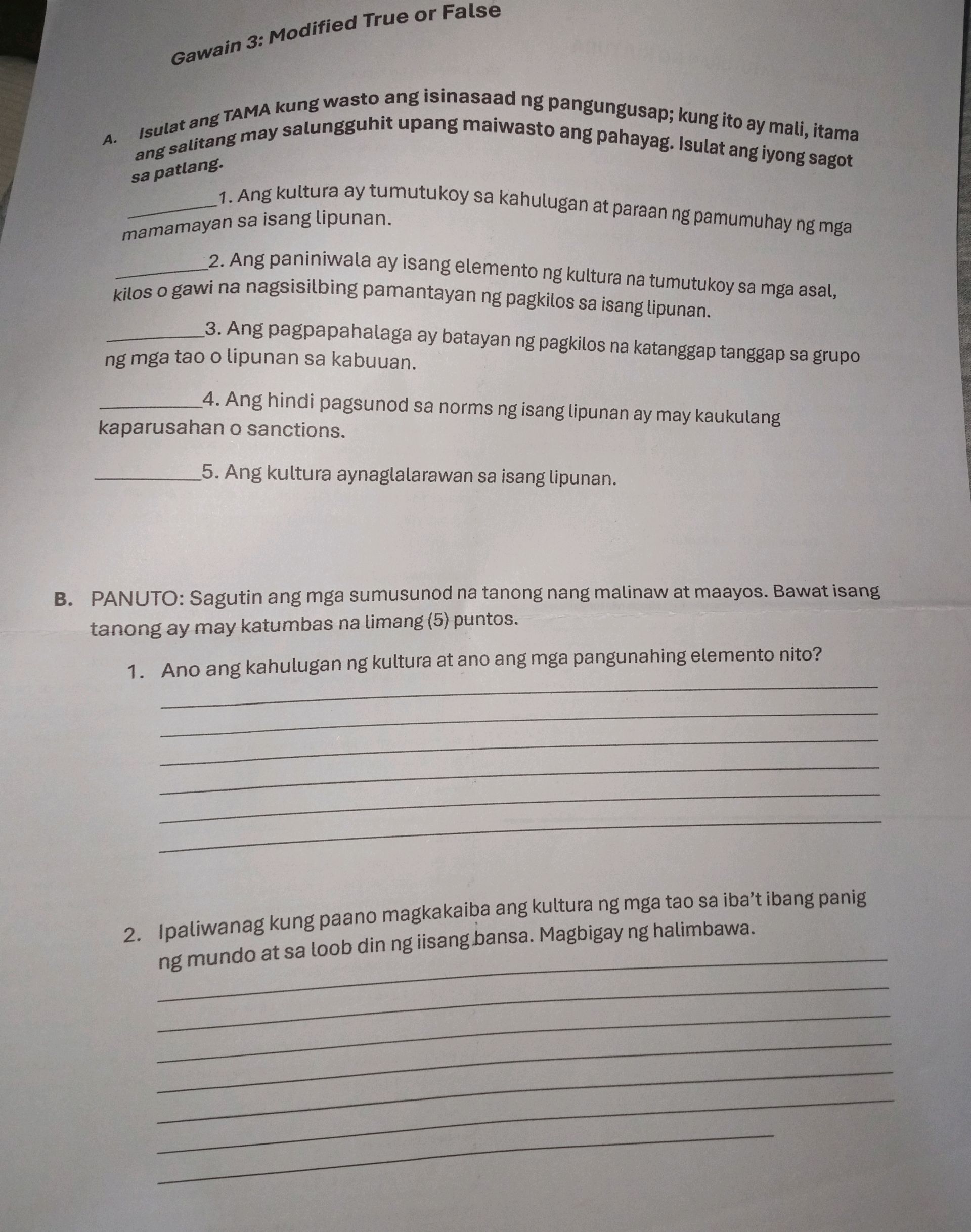 A. Gawain 3: Modified True or False Isulat | StudyX