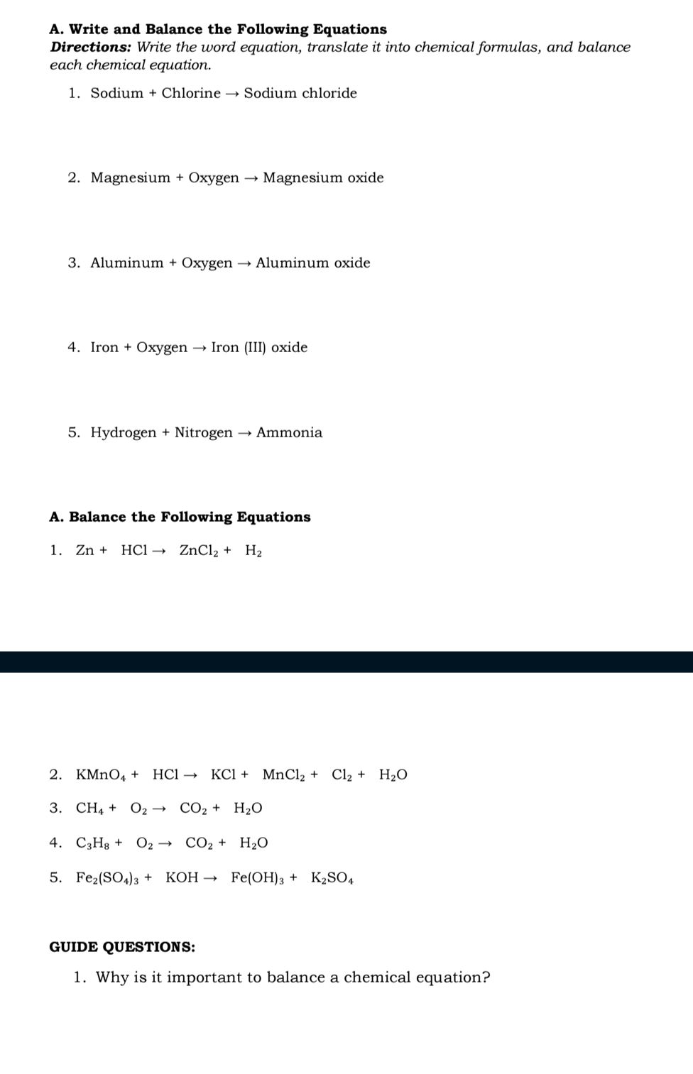 A. Write and Balance the Following Equations | StudyX