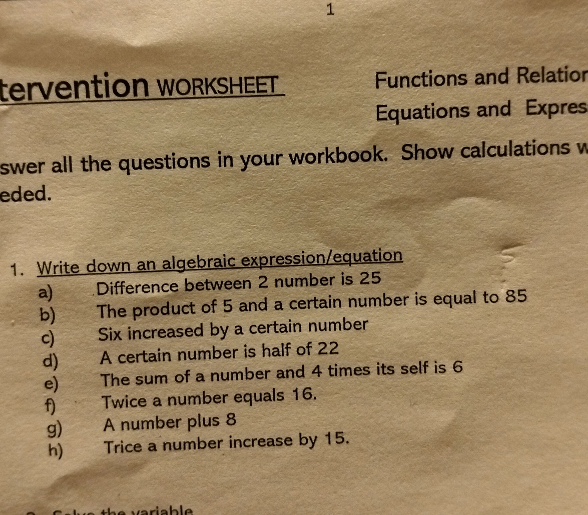 1. Write down an algebraic | StudyX