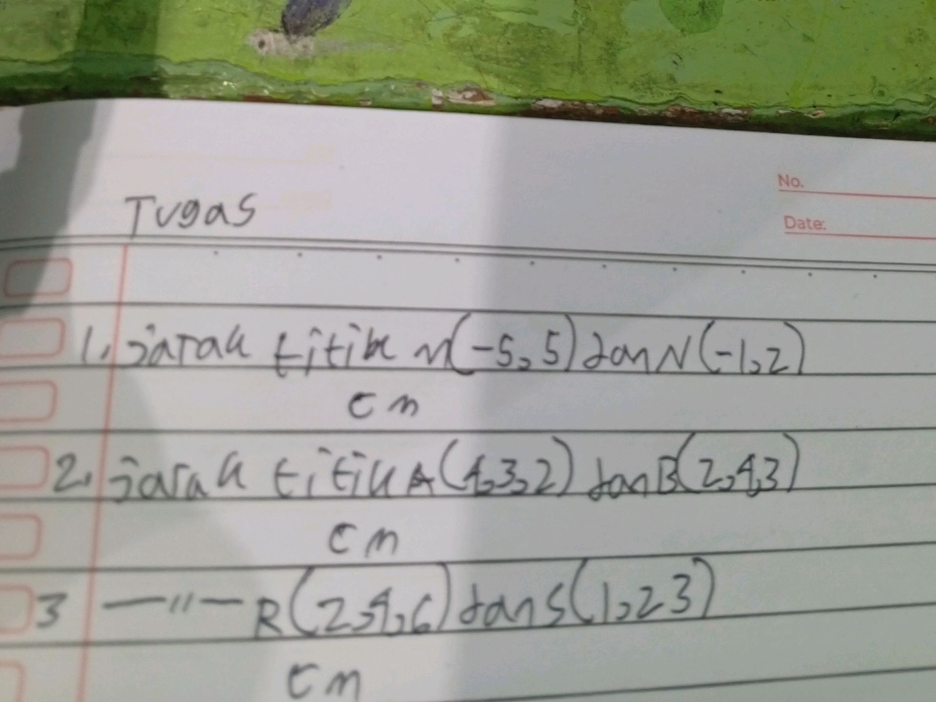 1. Jarak titik N(-5,5) dan N(-1,2) 2. Jarak | StudyX