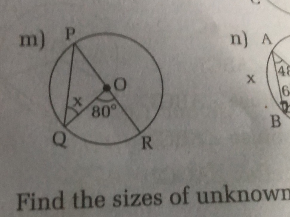 Find the sizes of unknown. m) A circle with
