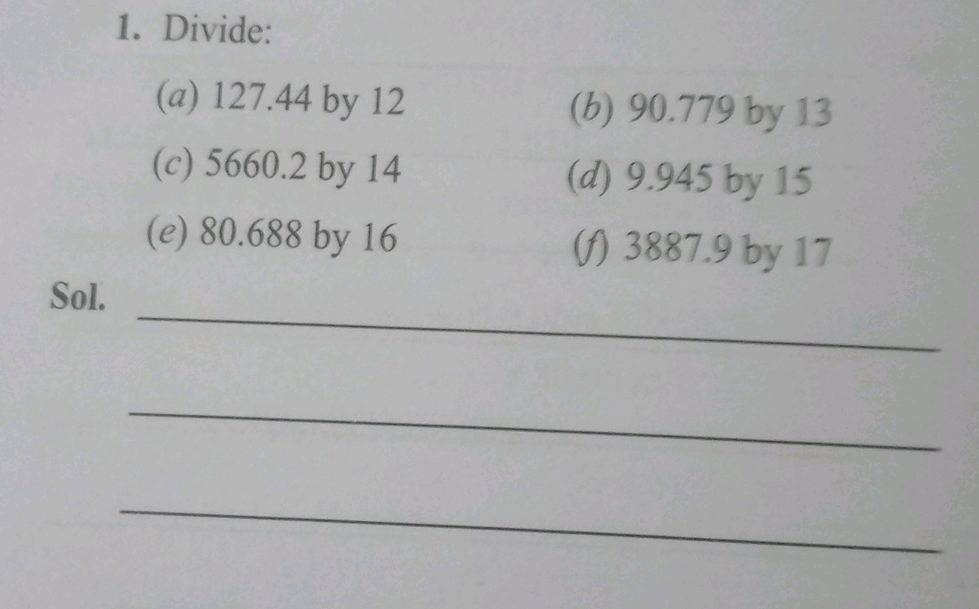 1. Divide: (a) 127.44 by 12 (b) 90.779 by | StudyX