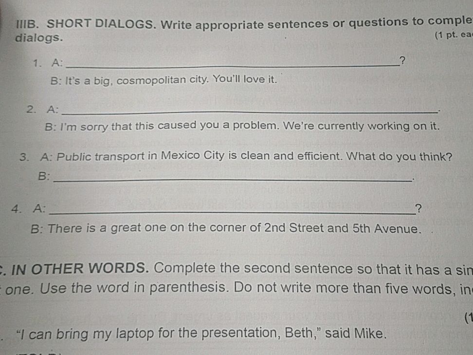 IIIB. SHORT DIALOGS. Write appropriate | StudyX