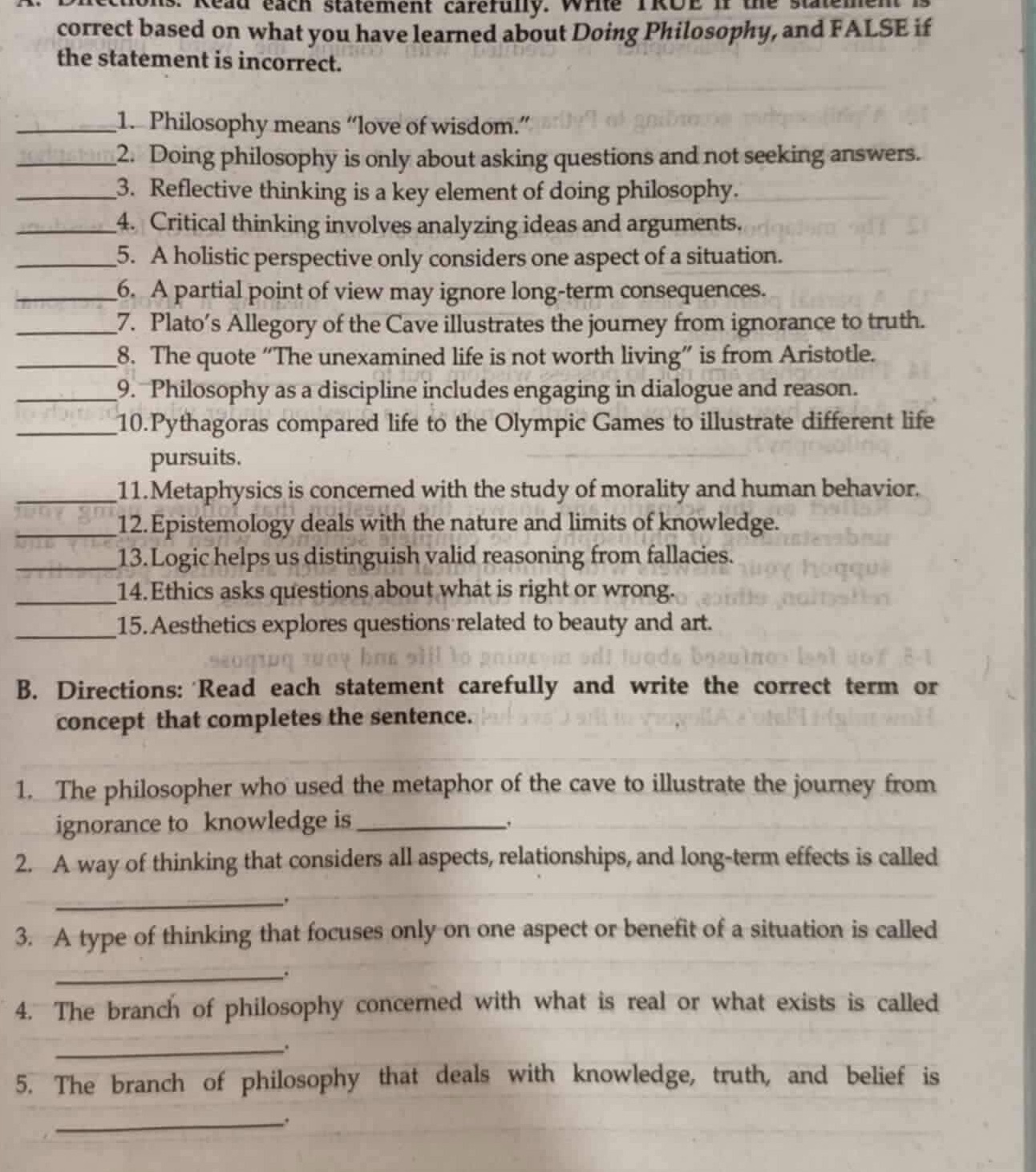A. Directions: Read each statement | StudyX