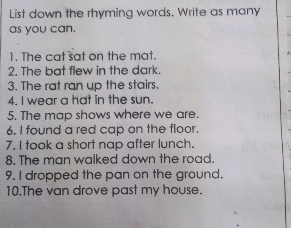 List down the rhyming words. Write as many | StudyX