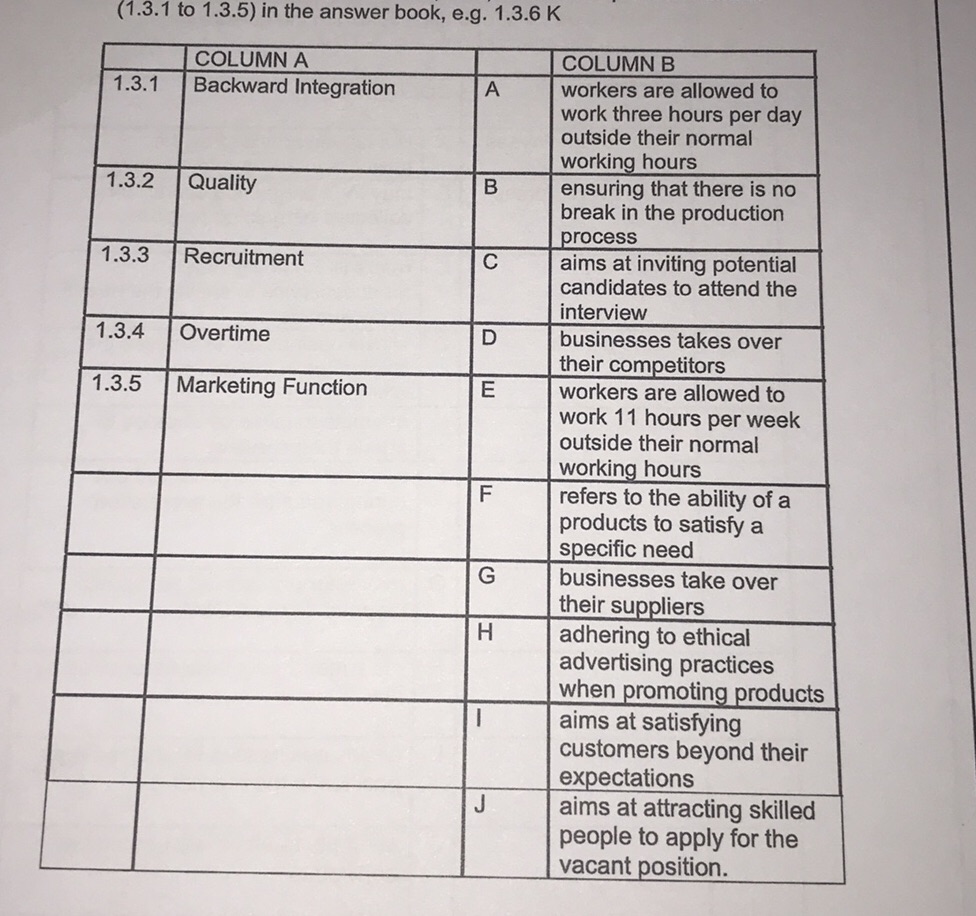 Match the items in Column A with the items | StudyX
