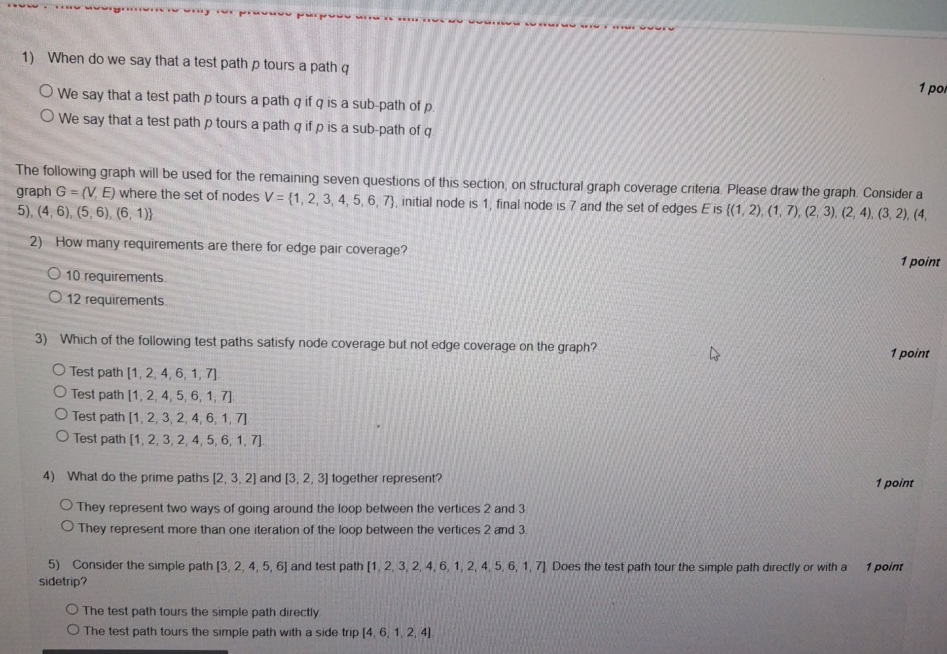 1) When do we say that a test path p tours a