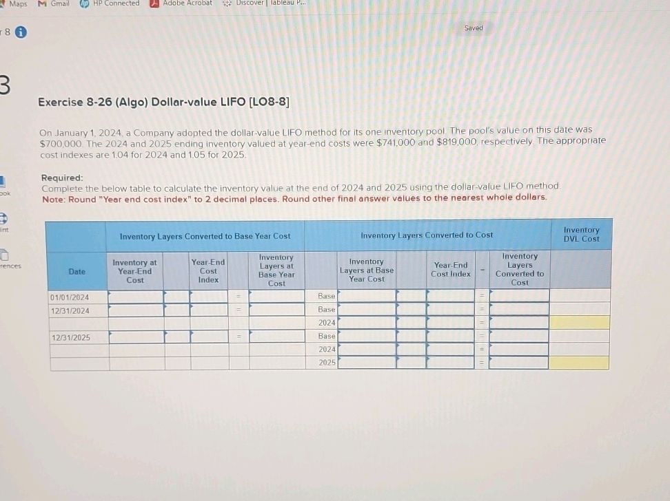 Exercise 8-26 (Algo) Dollar-value LIFO | StudyX