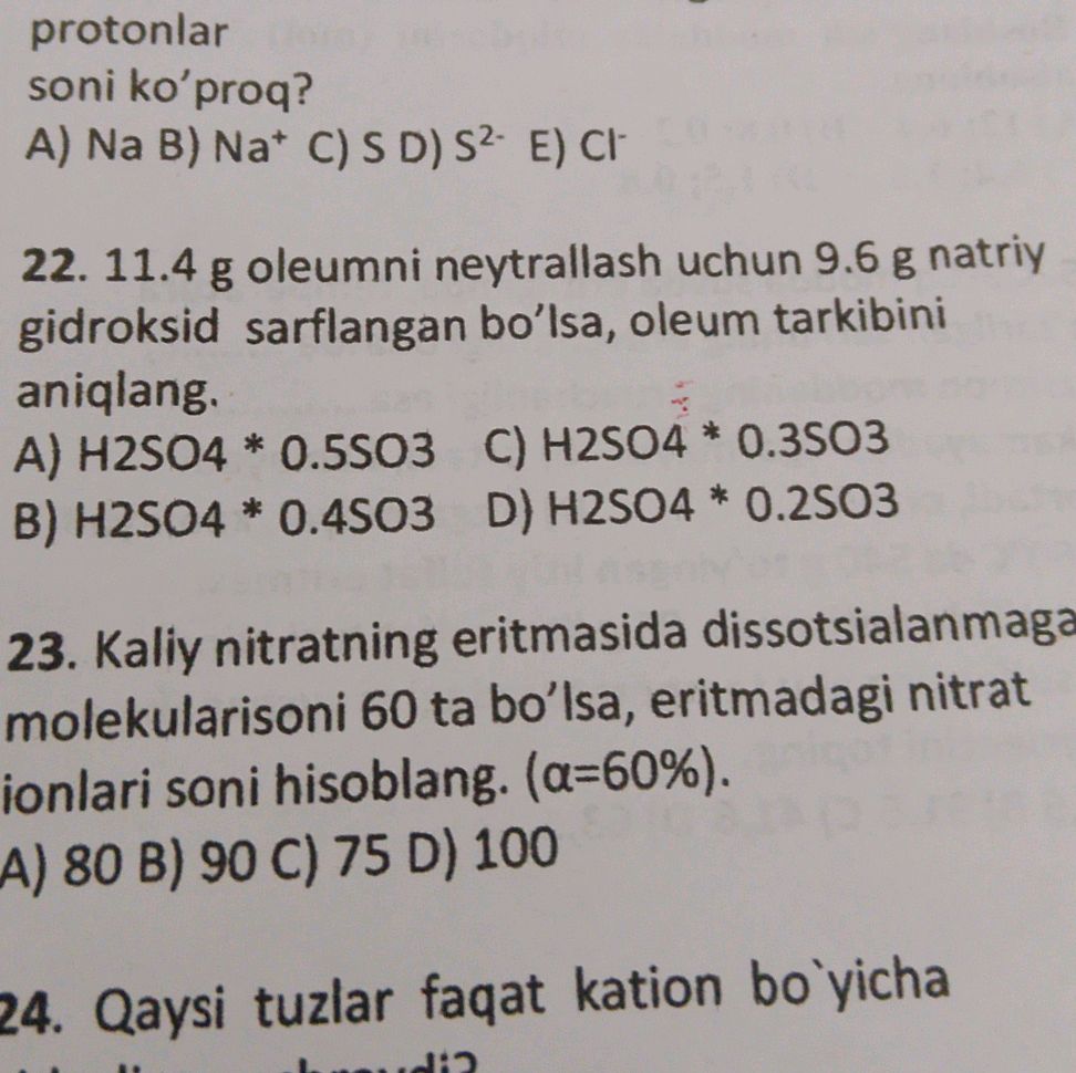 protonlar soni ko'proq? A) Na B) Na+ C) S | StudyX