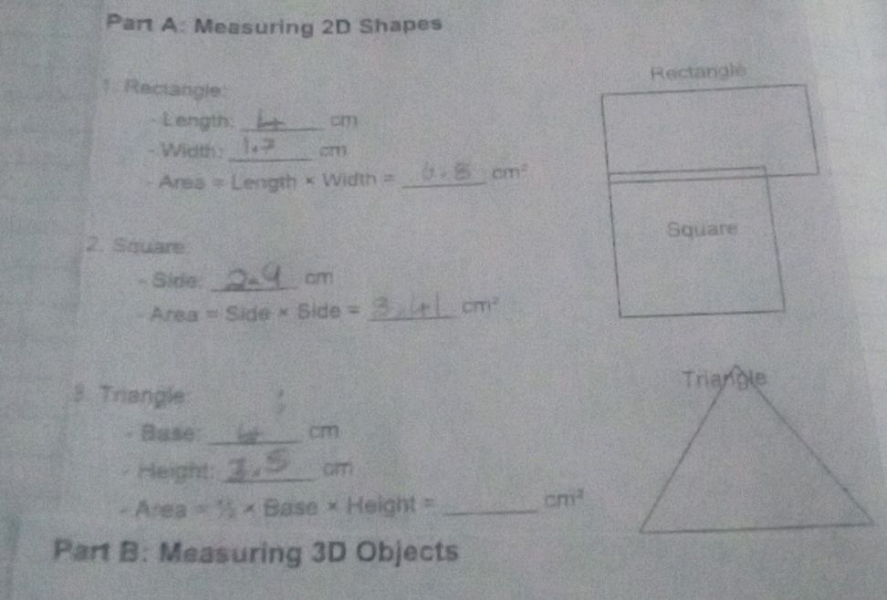 Part A: Measuring 2D Shapes 1. Rectangle: - | StudyX
