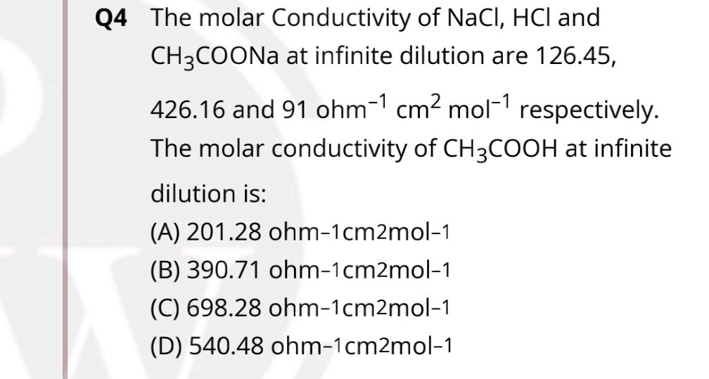 Q4 The molar Conductivity of NaCl, HCl and