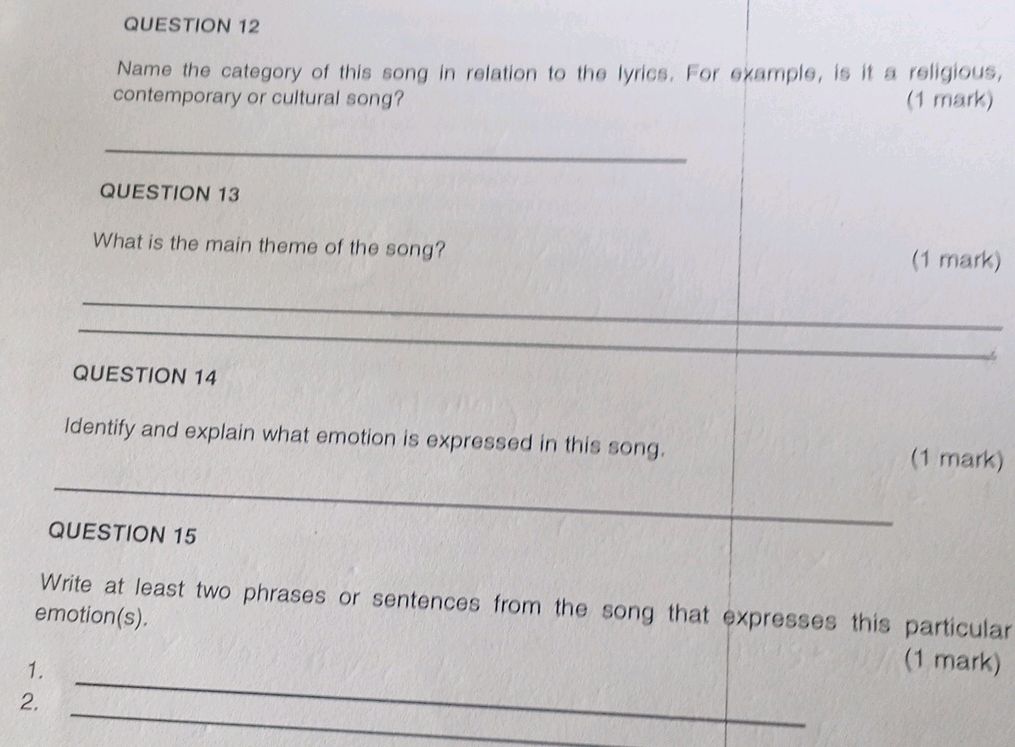 QUESTION 12 Name the category of this song | StudyX