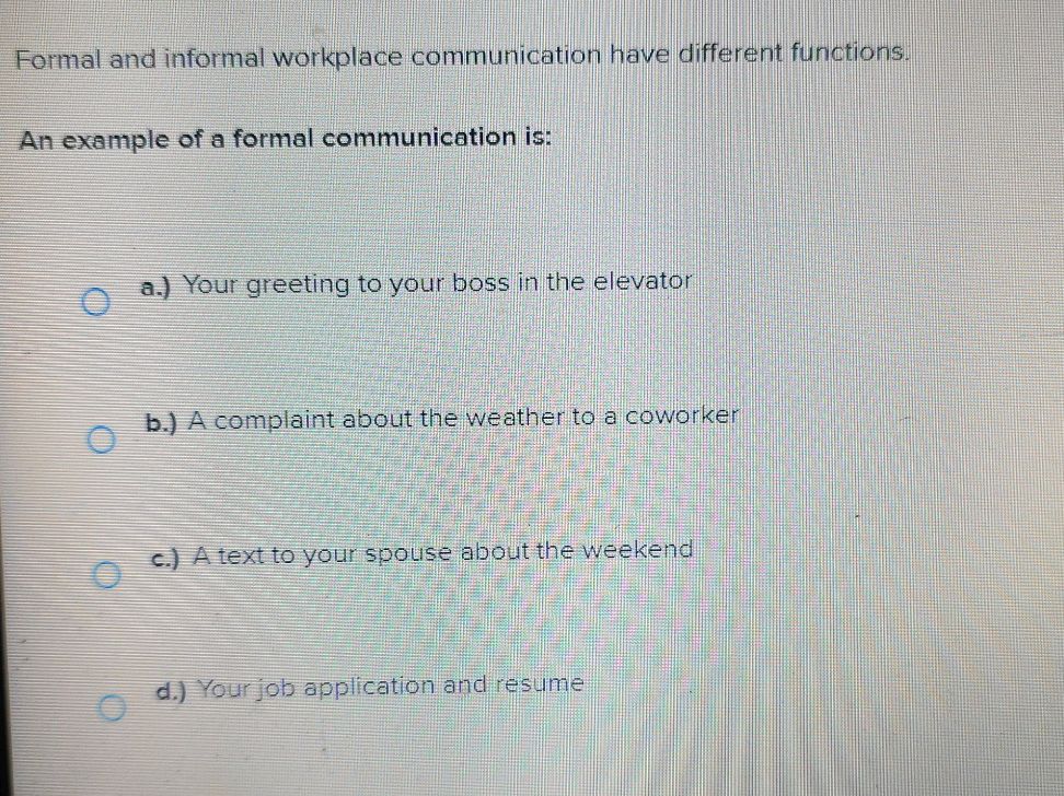 Formal and informal workplace communication | StudyX