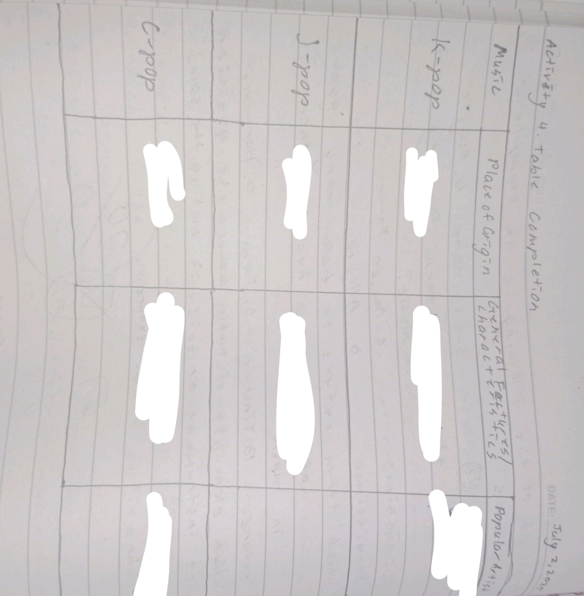 Activity 4. Table Completion | Music | | StudyX