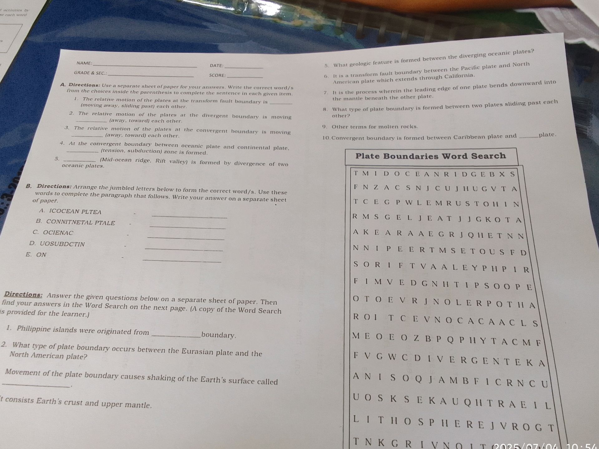 A. Directions: Use a separate sheet of paper | StudyX