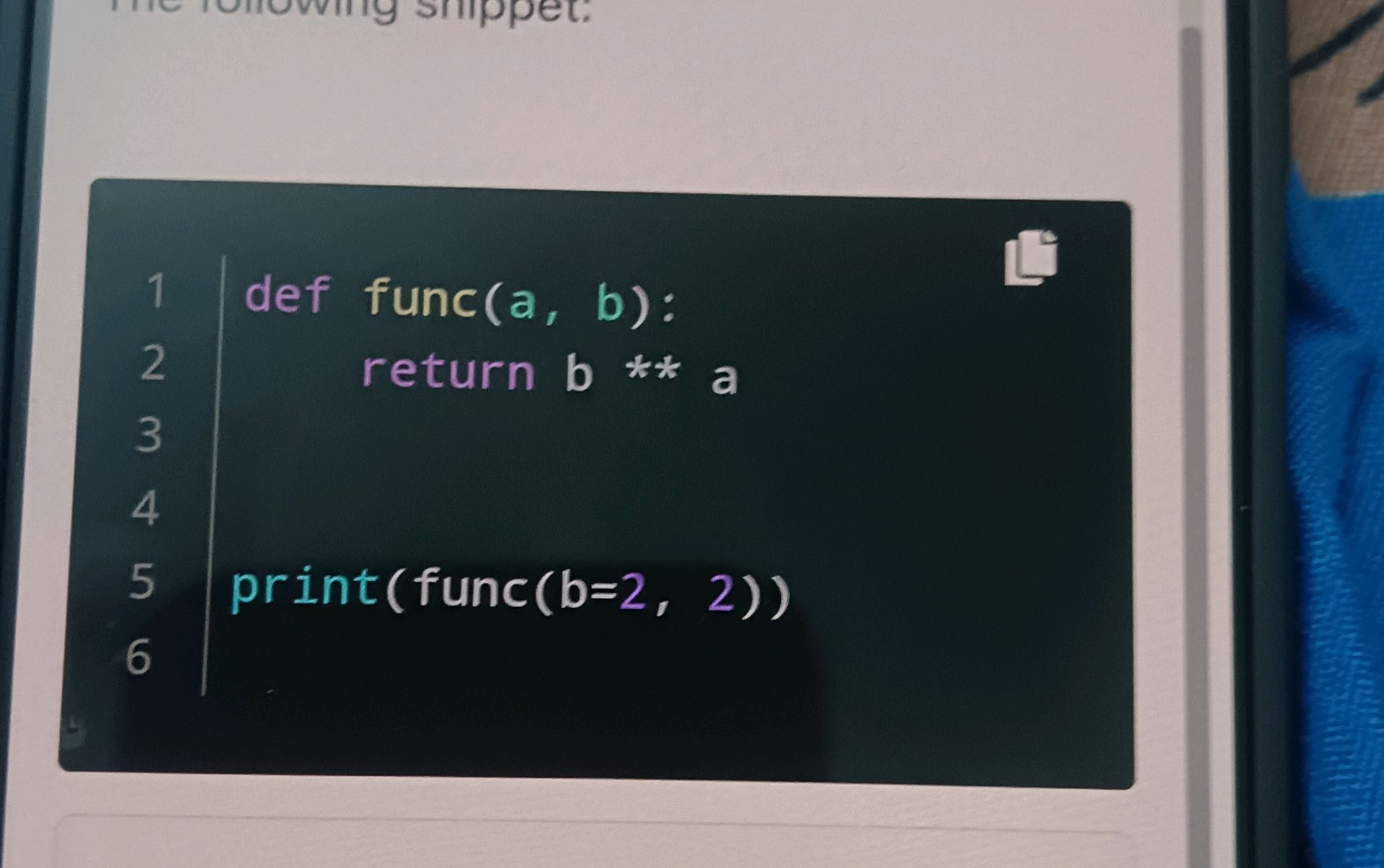 ```python def func(a, b): return b ** a | StudyX