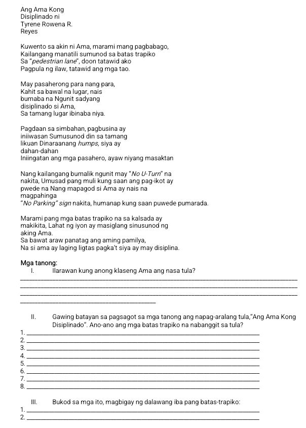 Mga tanong: I. Ilarawan kung anong klaseng