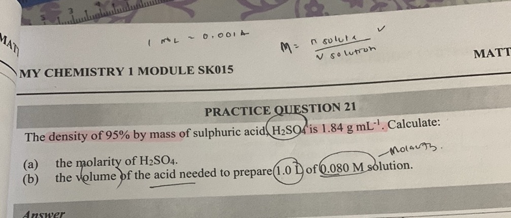 The density of 95% by mass of sulphuric acid | StudyX