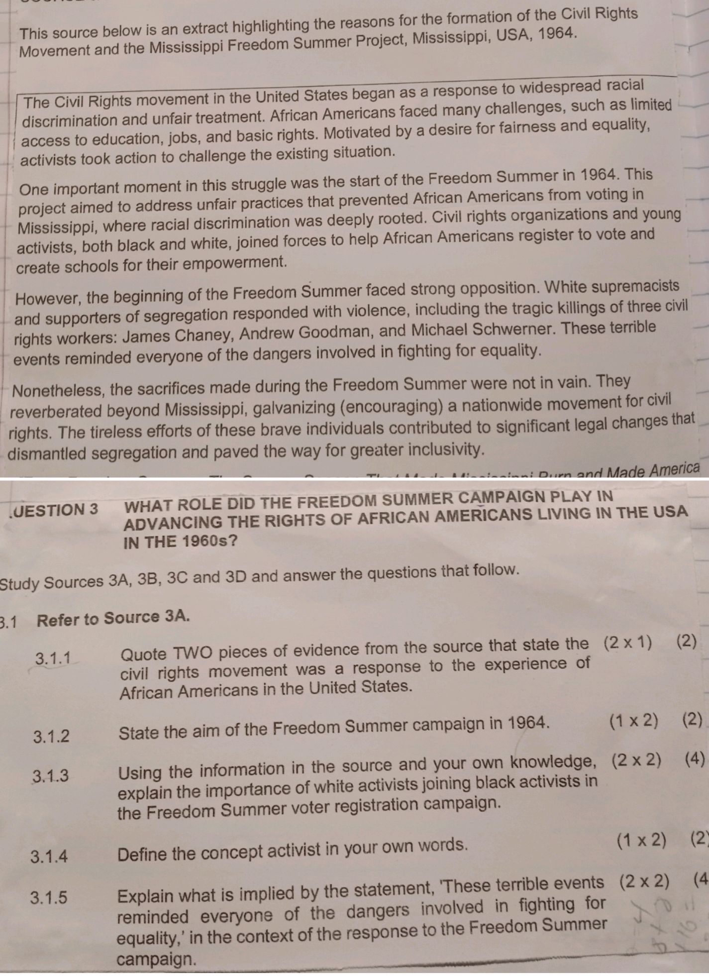 QUESTION 3 WHAT ROLE DID THE FREEDOM SUMMER