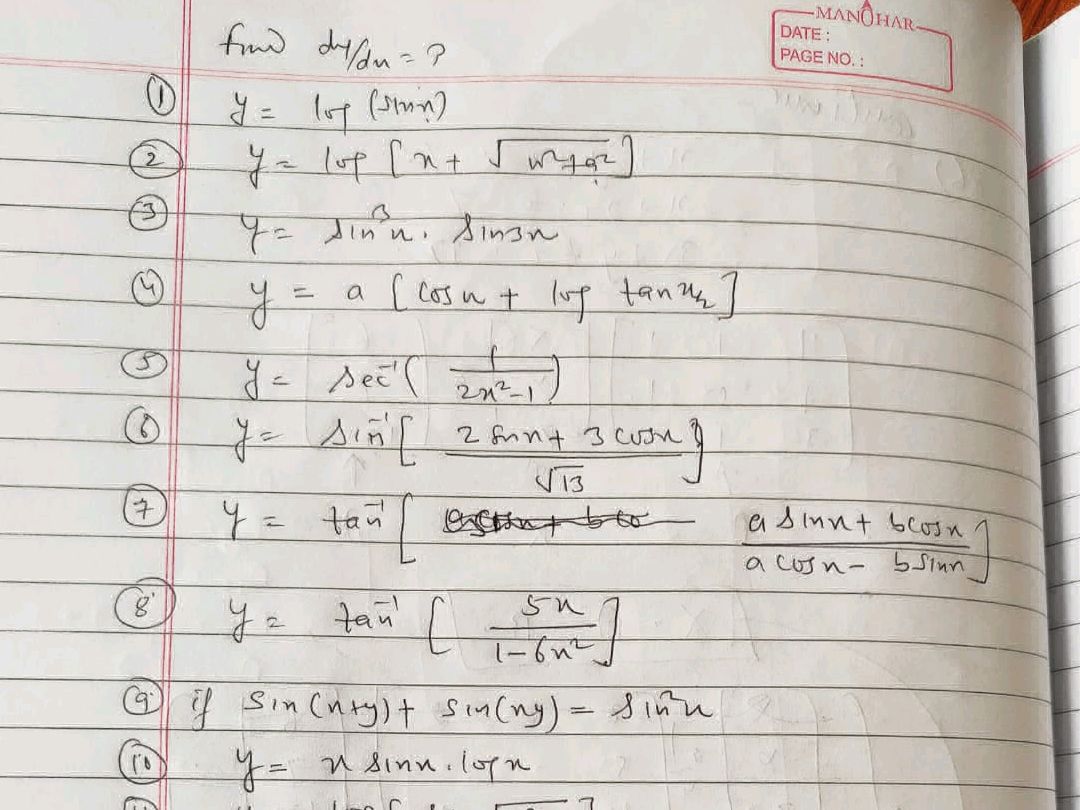 find $dy/dx = ?$ 1. $y = log(sin x)$ 2. | StudyX