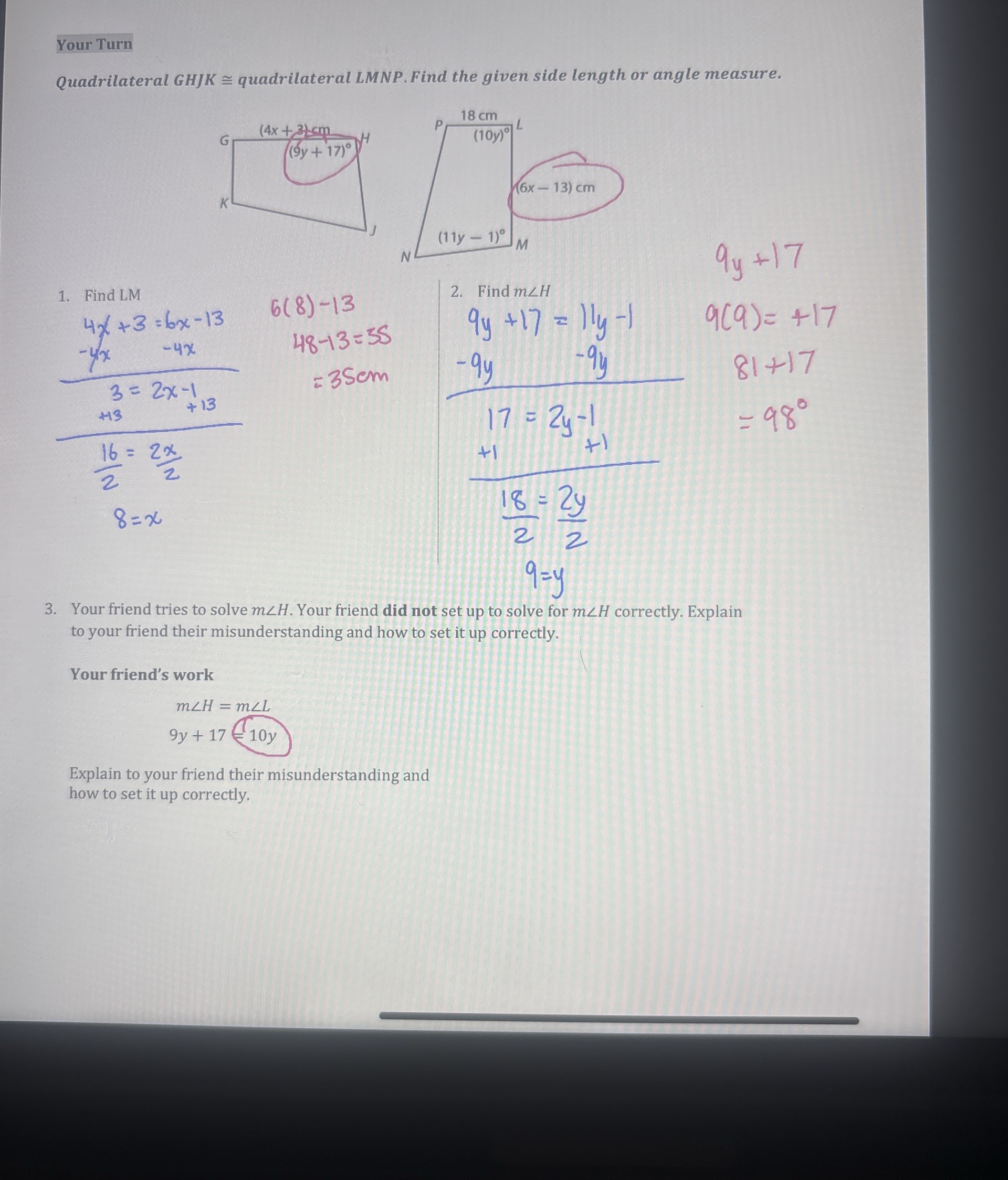 Quadrilateral GHJK ≅ quadrilateral LMNP. | StudyX