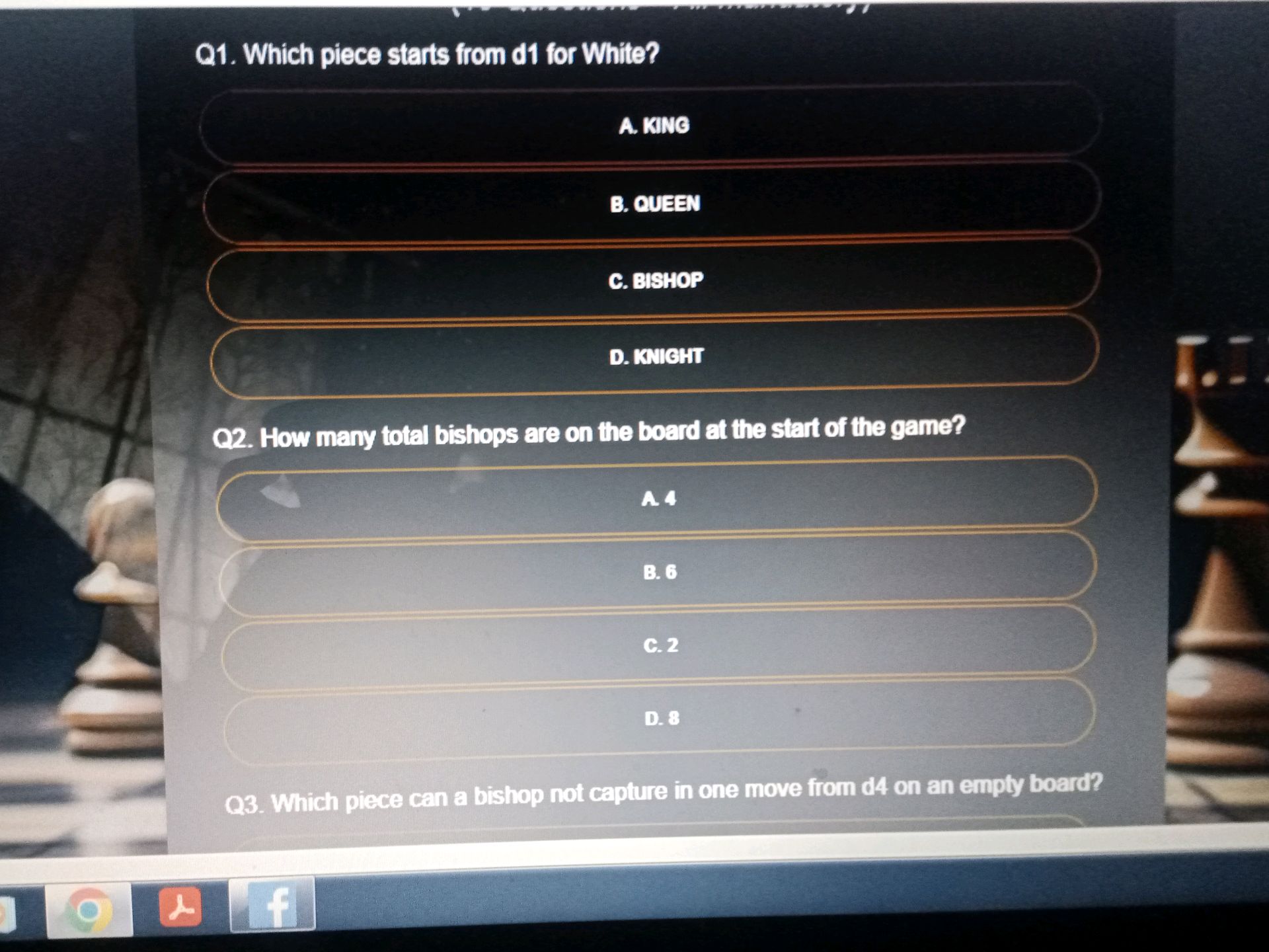 Q1. Which piece starts from d1 for White? | StudyX