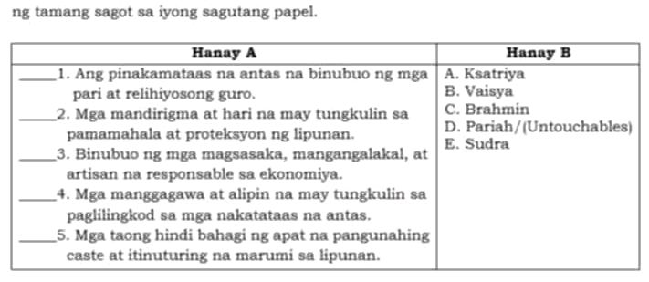 ||Hanay A|Hanay B| |---|---| |1. Ang