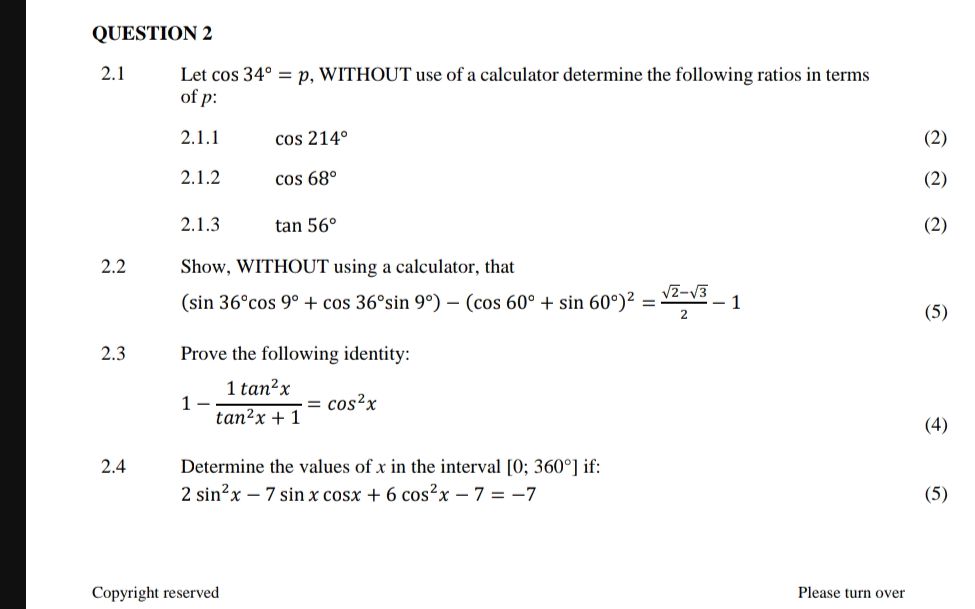 2.1 Let cos 34° = p, WITHOUT use of a | StudyX