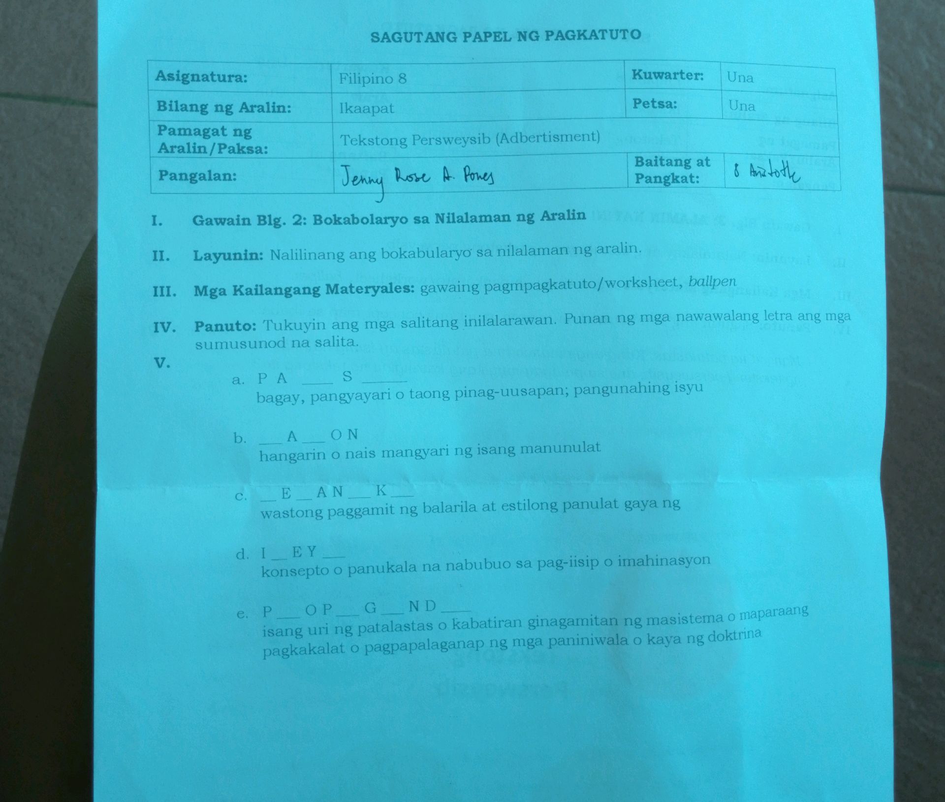 IV. Panuto: Tukuyin ang mga salitang | StudyX