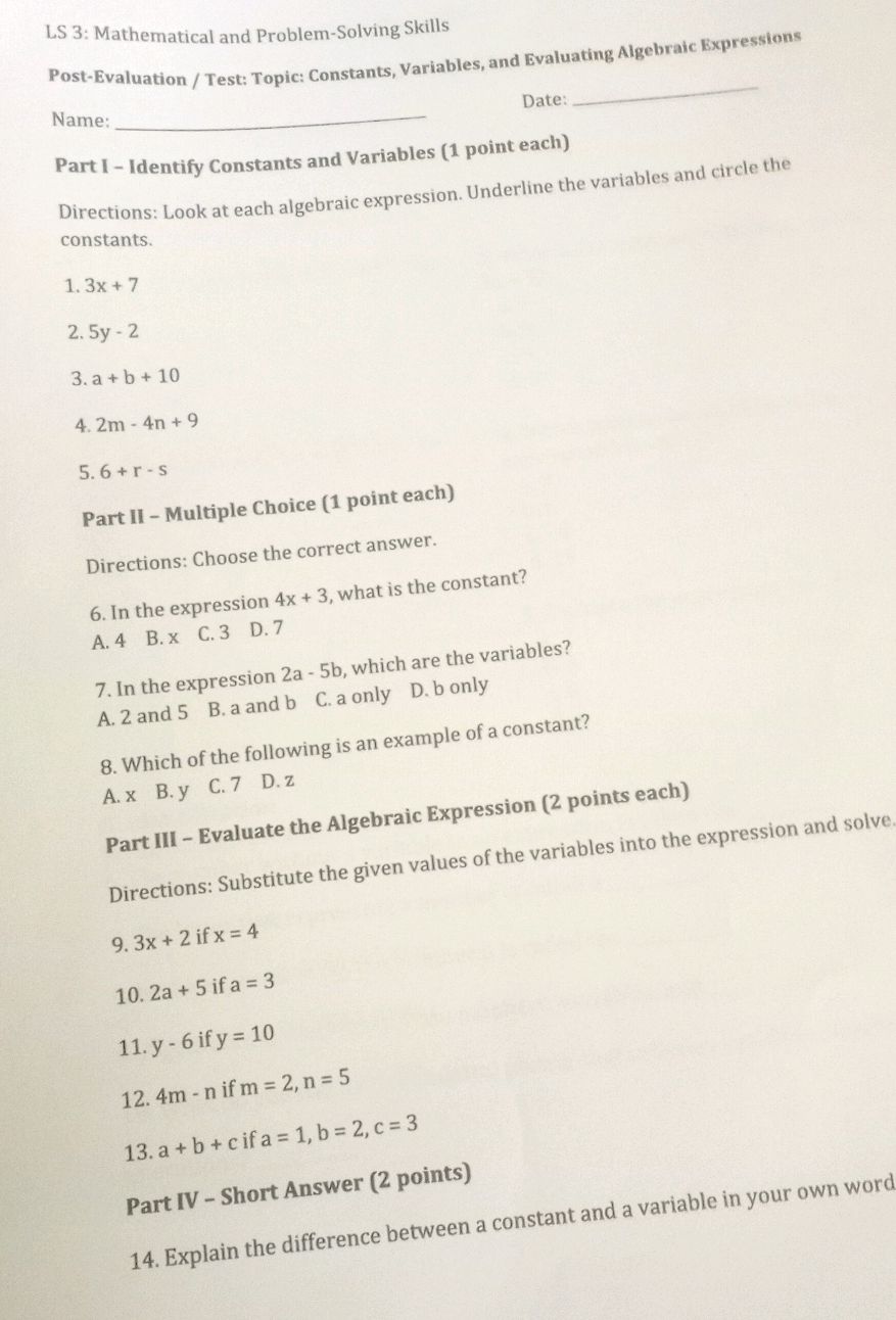 Part I - Identify Constants and Variables (1 | StudyX