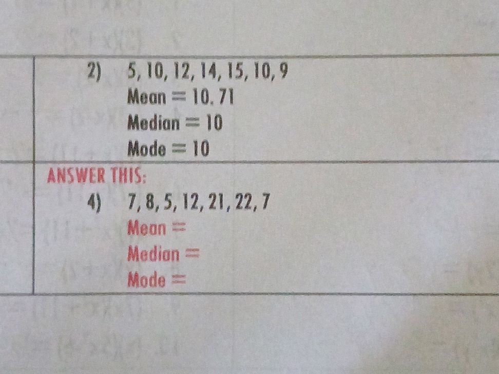 2) 5, 10, 12, 14, 15, 10, 9 Mean = 10.71 | StudyX