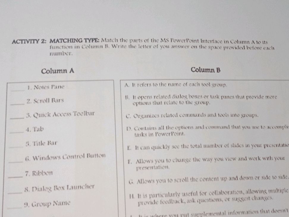 ACTIVITY 2: MATCHING TYPE: Match the parts | StudyX