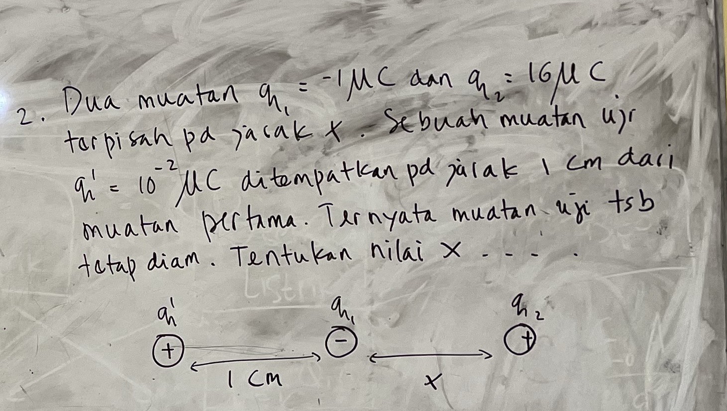2. Dua muatan $q_1 = -1 ext{MC}$ dan $q_2 = | StudyX