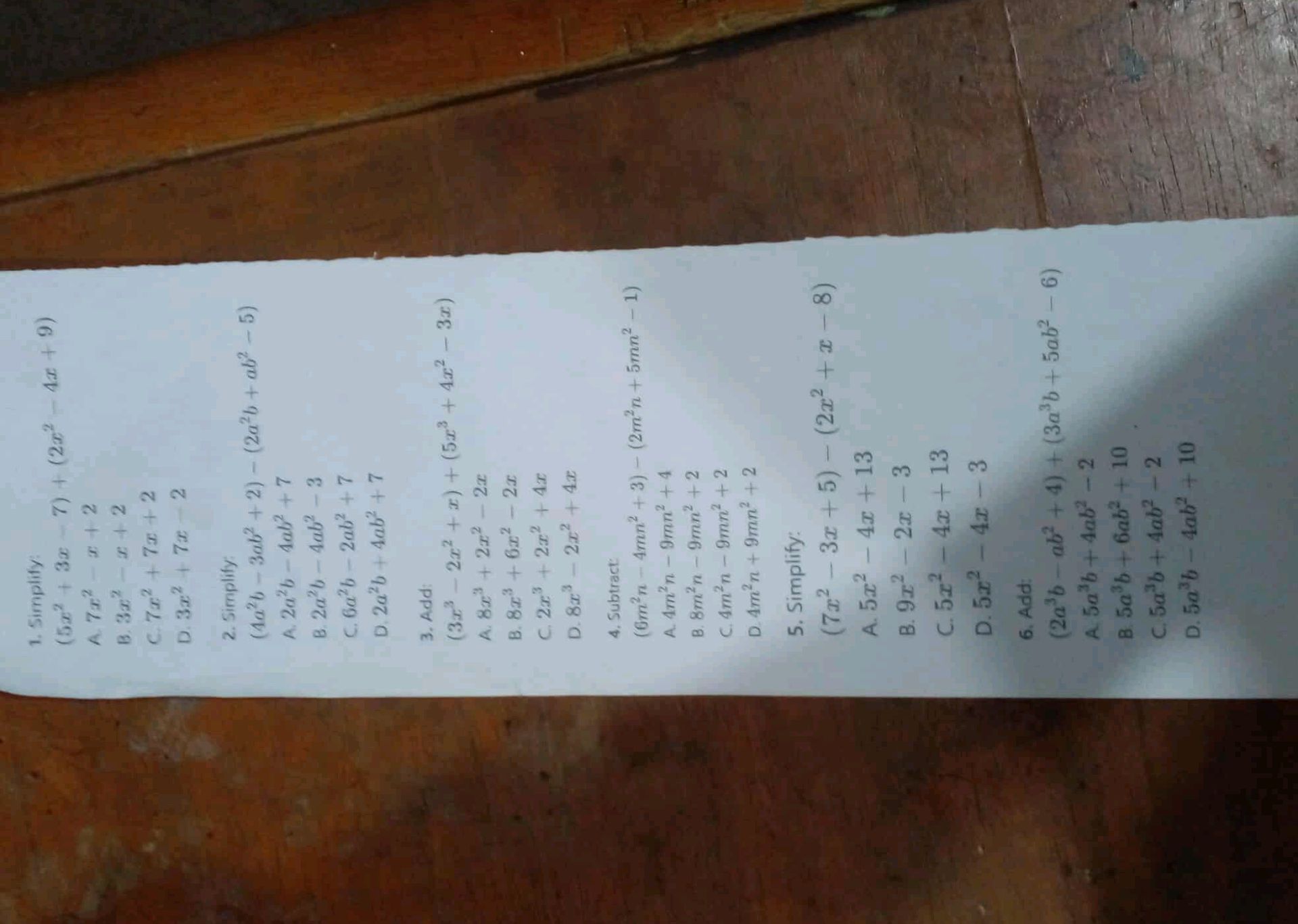 1. Simplify: (5x² + 3x - 7) + (2x² - 4x + 9) | StudyX